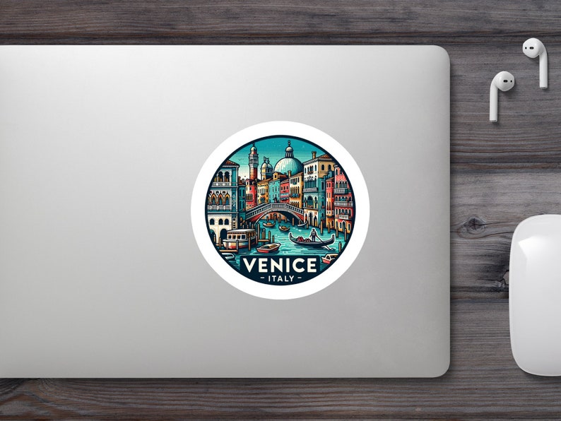 Venice Italy Travel Sticker, Canal and Gondola Scenic Illustration ...