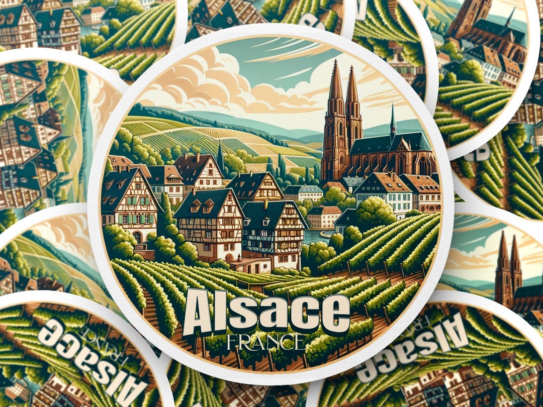 Vintage Alsace France Travel Sticker, Round Scenic Vineyard Cathedral ...