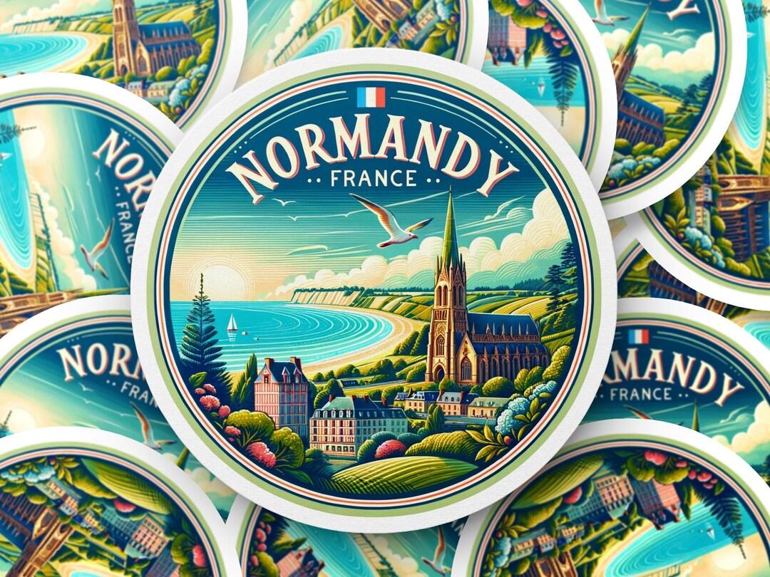 Vintage Normandy France Travel Sticker, Retro Round Coastal Design ...