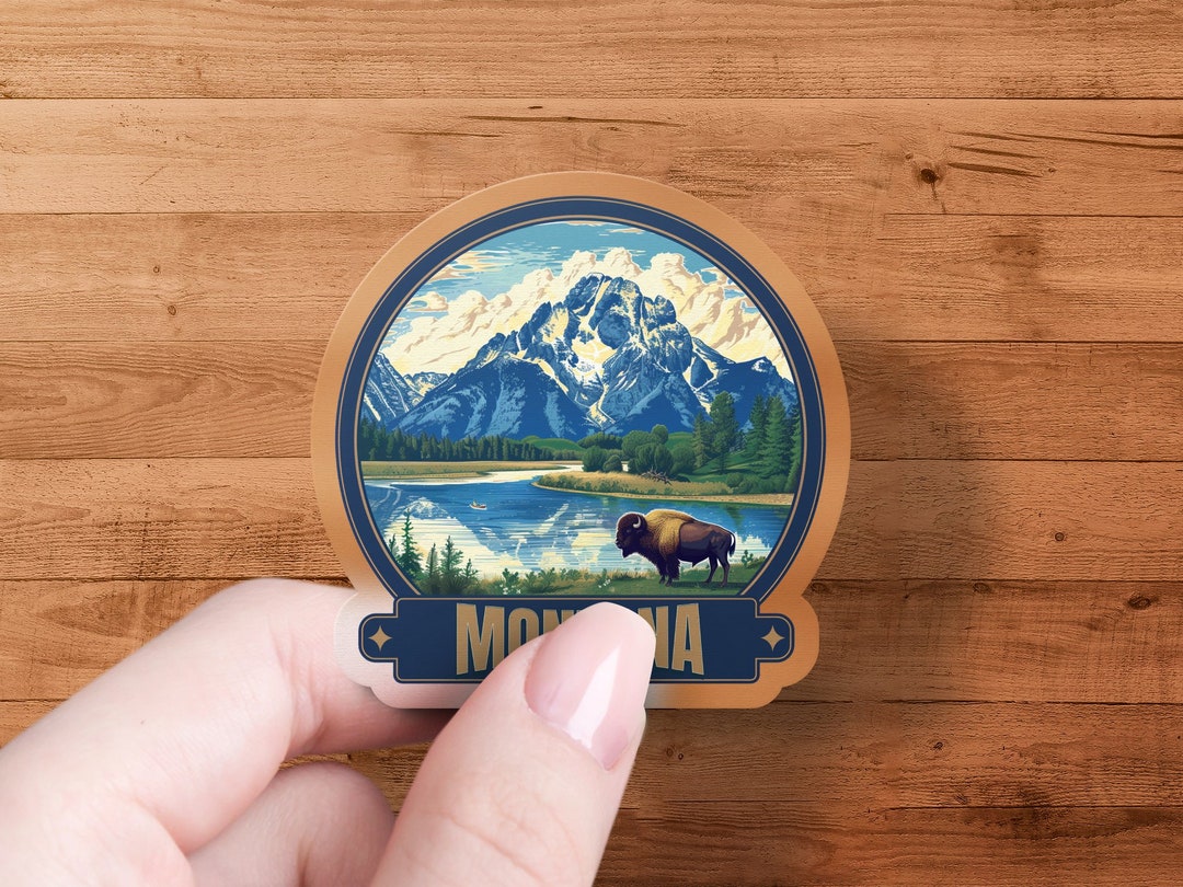 Montana Landscape Vinyl Sticker, Bison Nature Scene Decal, Mountain ...