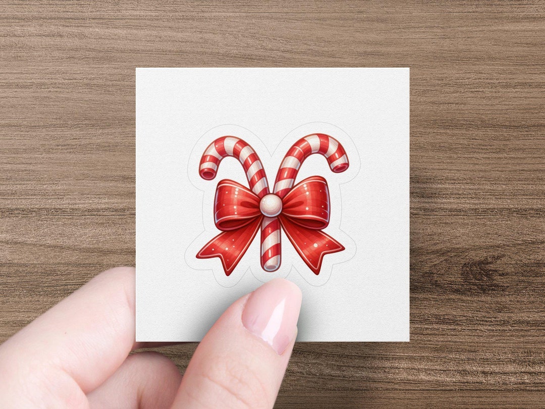 Christmas Candy Cane Sticker, Cute Kawaii Red Bow Sticker, Premium ...