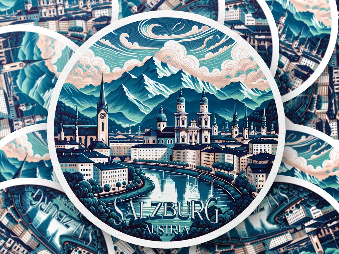 Vintage Salzburg Austria Travel Sticker, Art Deco Scenic Illustration ...