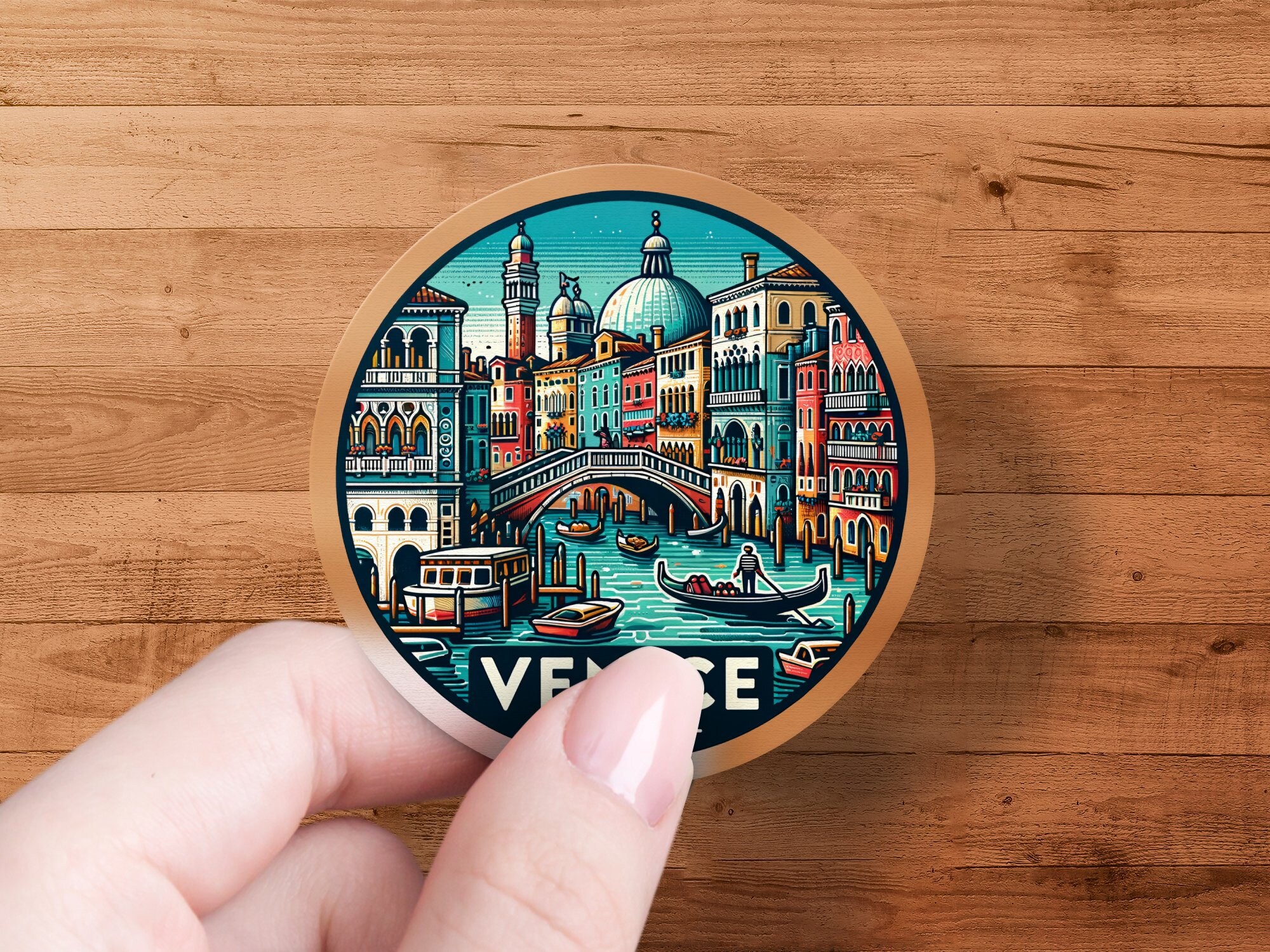 Venice Italy Travel Sticker, Canal and Gondola Scenic Illustration ...