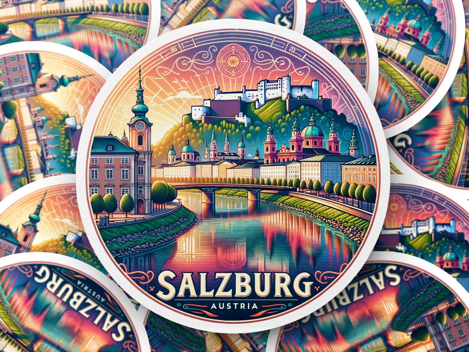 Vibrant Salzburg Austria Illustration Sticker, Travel Decal, Laptop ...