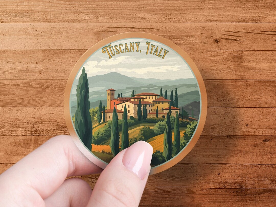 Tuscany Italy Vintage Style Travel Sticker, Round Tuscan Landscape ...