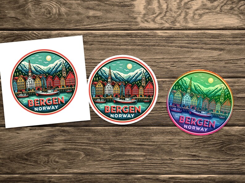 Bergen Norway Travel Sticker, Colorful Town Landscape Circle Decal ...