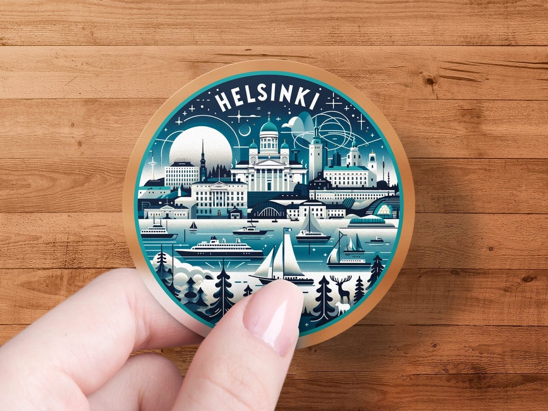 Helsinki Finland Cityscape Circle Sticker, Travel Souvenir, Art Deco Style, Laptop Decal ...
