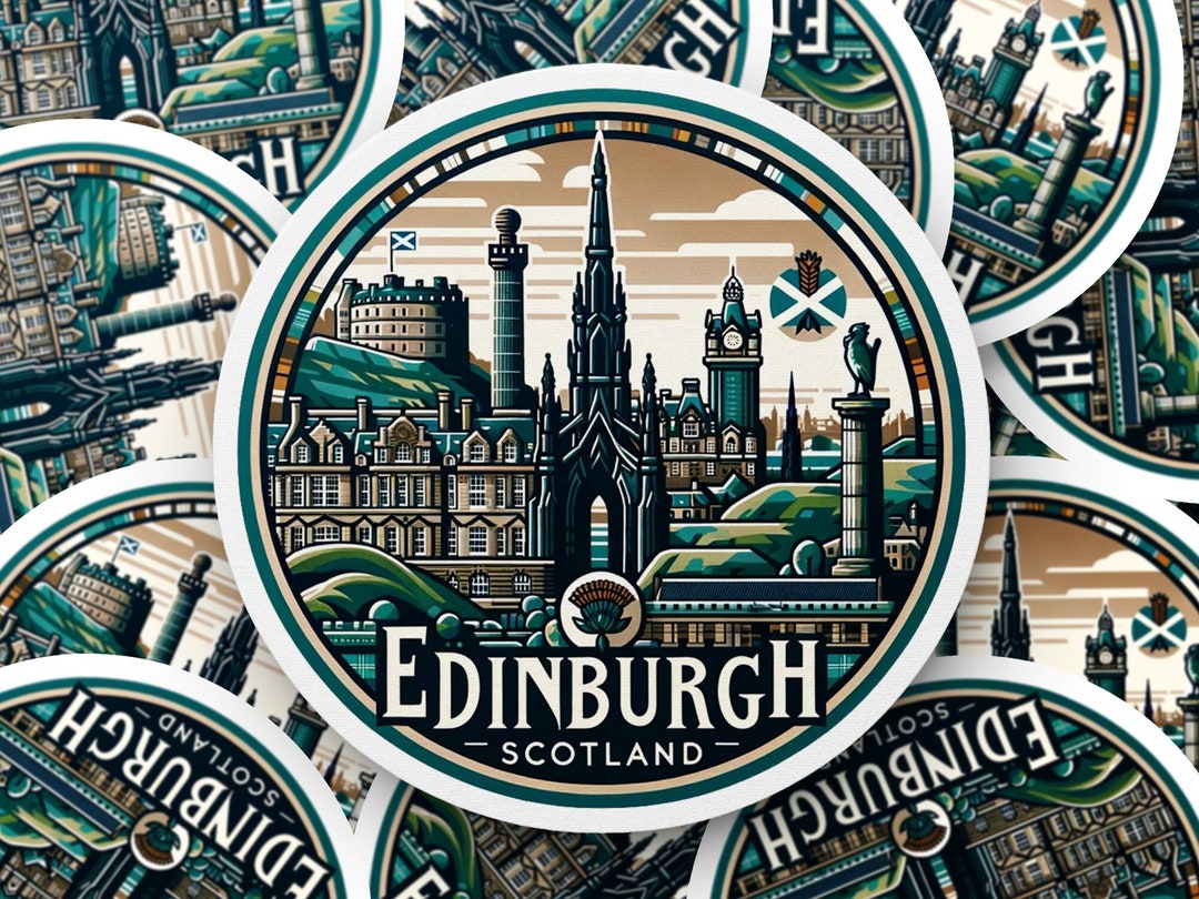 Edinburgh Scotland Cityscape Circle Sticker, Vintage Travel Decal Style ...