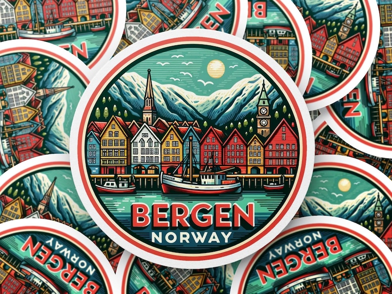 Bergen Norway Travel Sticker, Colorful Town Landscape Circle Decal ...