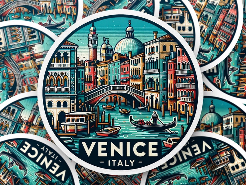 Venice Italy Travel Sticker, Canal and Gondola Scenic Illustration ...