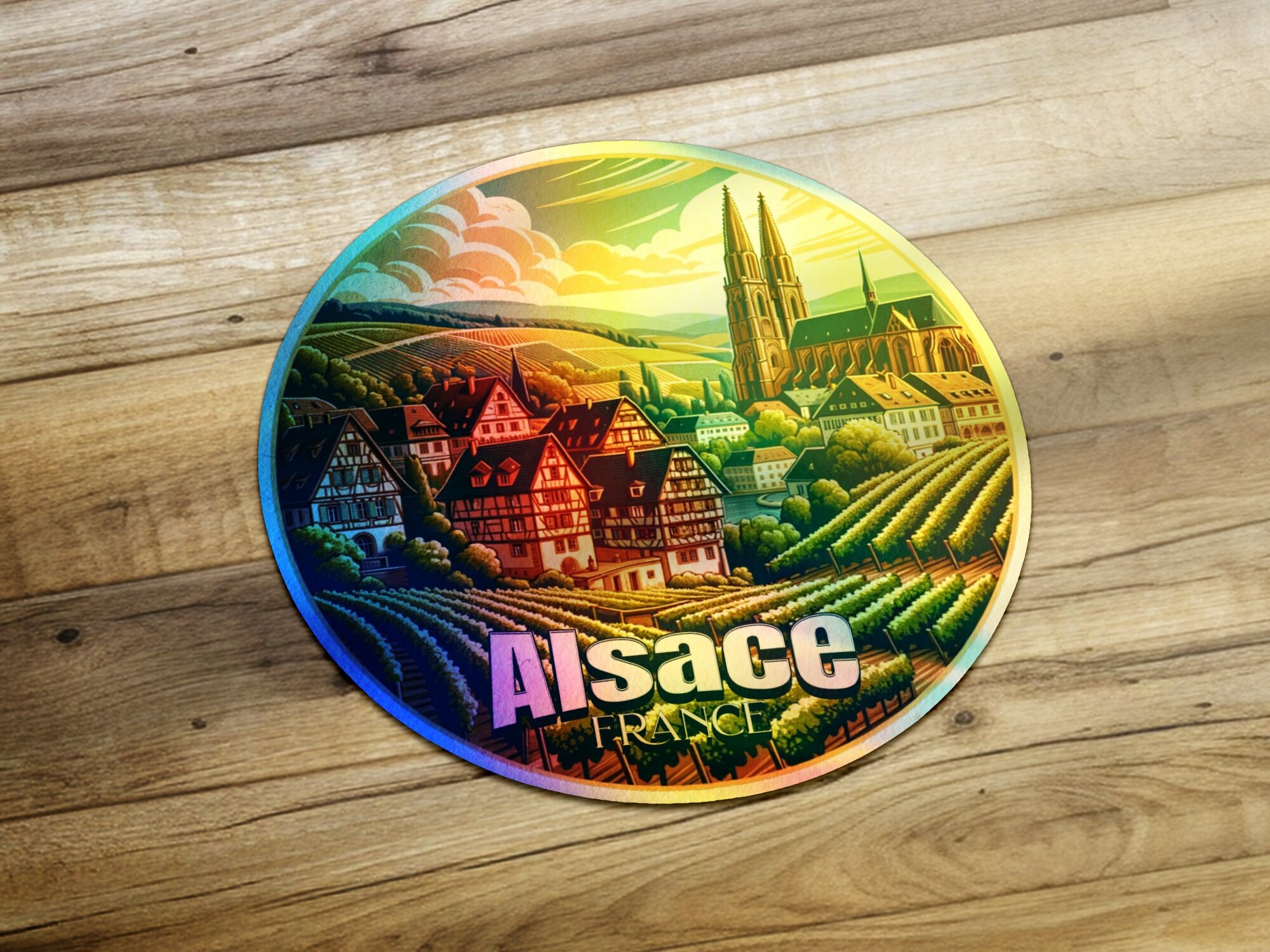 Vintage Alsace France Travel Sticker, Round Scenic Vineyard Cathedral ...