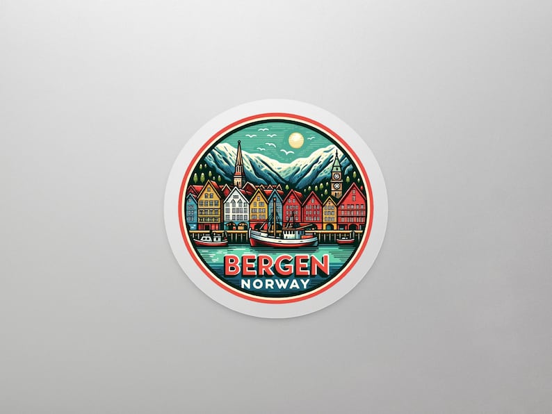 Bergen Norway Travel Sticker, Colorful Town Landscape Circle Decal ...