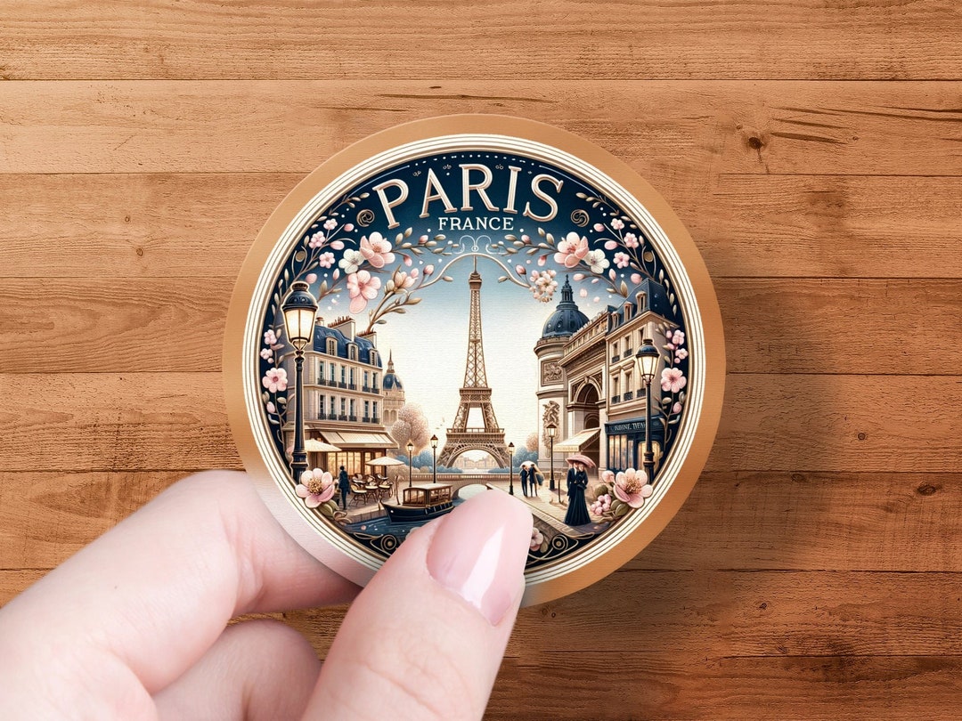 Paris France Eiffel Tower Vintage Style Travel Sticker, Round Laptop ...