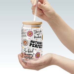 Mental Health Smiley Glass| Motivational Iced Coffee Glass| Mindset Cup ...