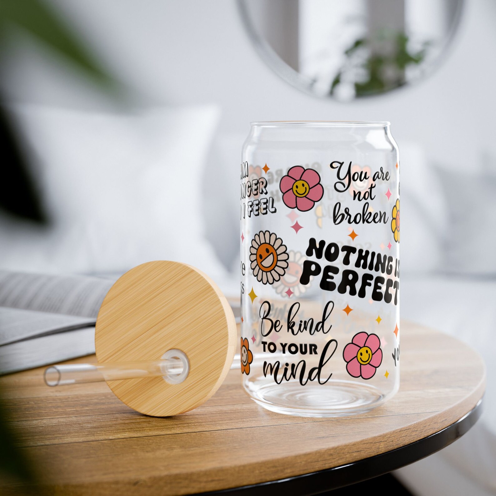 Mental Health Smiley Glass| Motivational Iced Coffee Glass| Mindset Cup ...