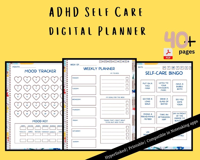 ADHD Self-care Digital Planner| Printable| Note-taking| Anxiety ...