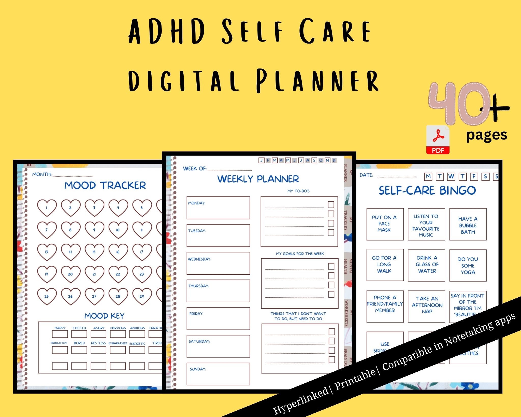 ADHD Self-care Digital Planner Printable Note-taking Anxiety Management ...