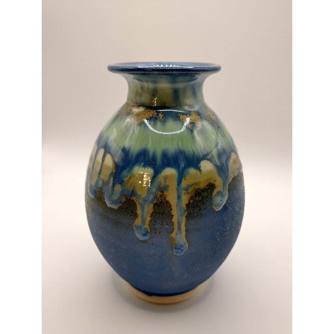 Handcrafted Moon Rd Pottery Vase With Blue & Green Drip Glaze - Ceramic ...