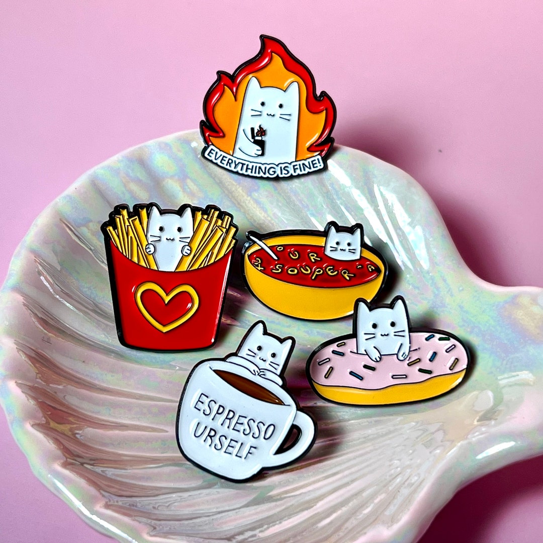 Sweet White Cat Enamel Pin, Espresso Cat Lapel Pin Collection, Cat ...