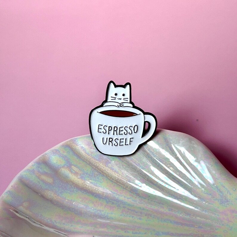 Sweet White Cat Enamel Pin, Espresso Cat Lapel Pin Collection, Cat ...