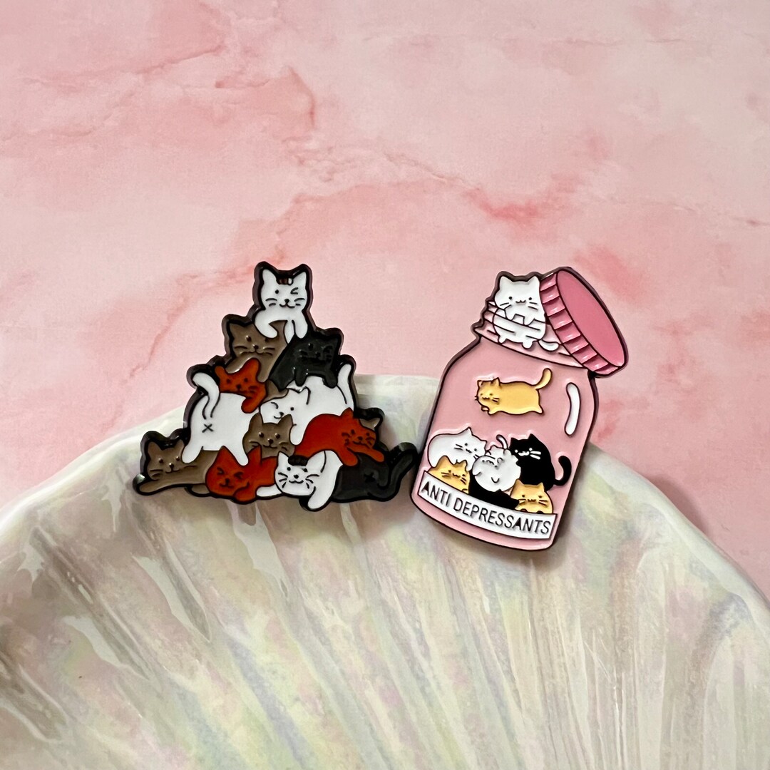 Cute Antidepressant Black Cat Enamel Pin, White Cat Lovers Brooch ...
