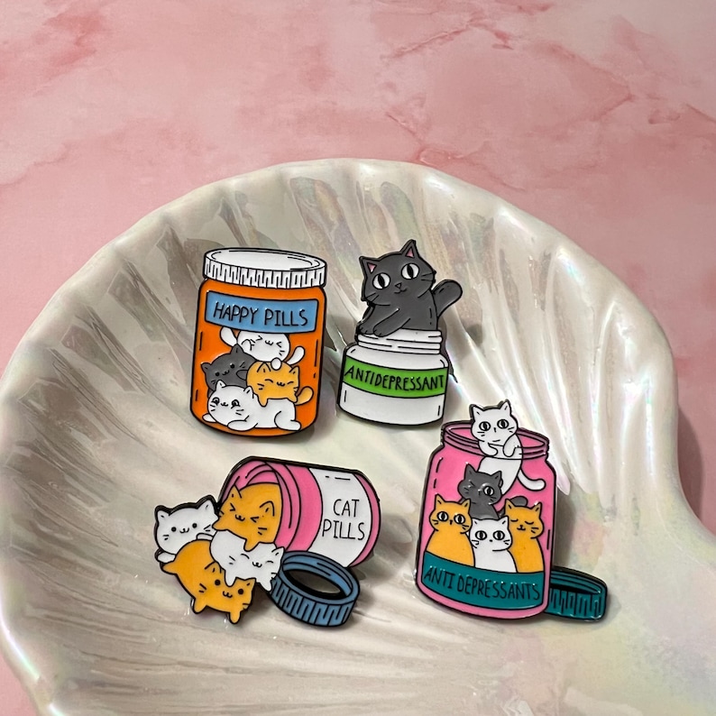 Kawaii Happy Cat Lapel Pins in Grey, Orange, and White Enamel Pin Lover ...