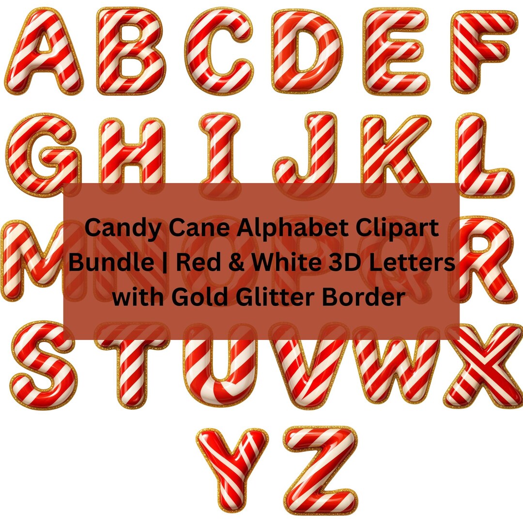 Candy Cane Alphabet Clipart: 3D Red & White Letters, Gold Glitter (PNG ...