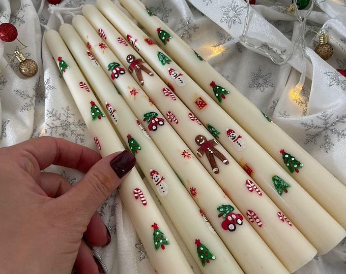 Christmas Taper Candles,hand Painted,beeswax Taper Candles,home Decor ...