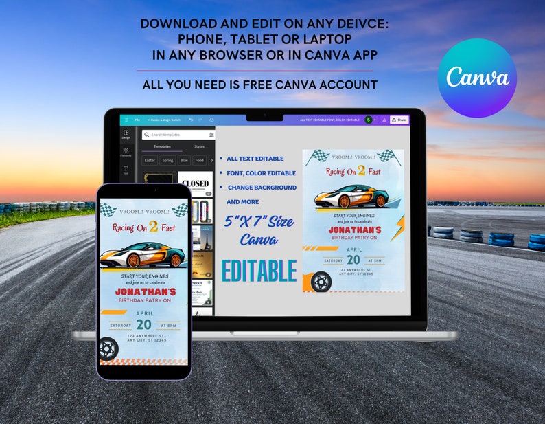 Editable Race Car Birthday Invitation, Custom Birthday Invitation ...