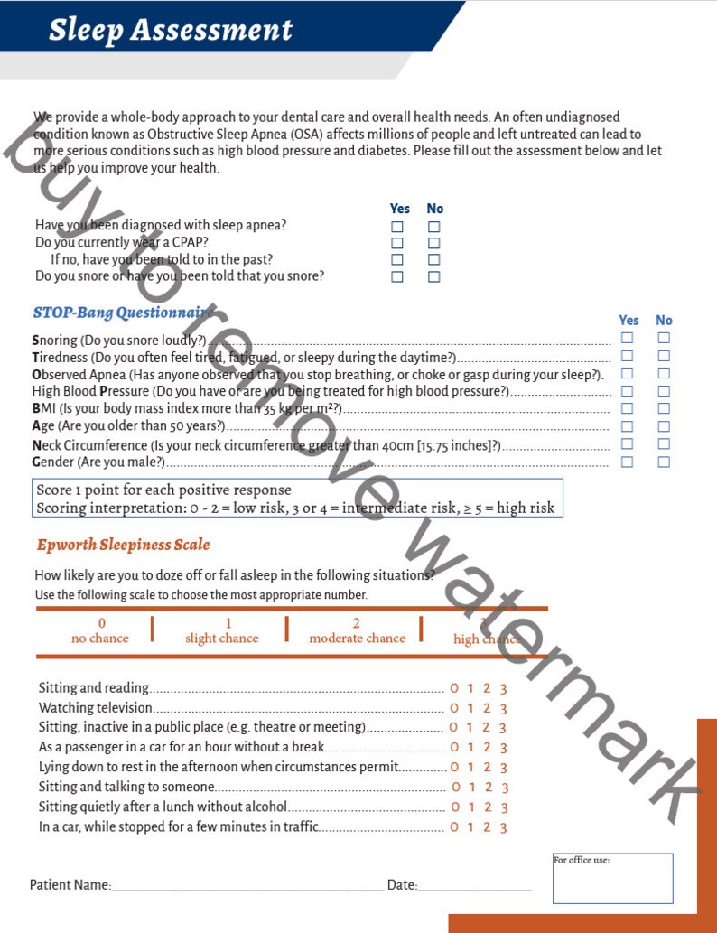 Dental Sleep Assessment Stop-bang Epworth Sleepiness Scale 8.5 in X 11 ...