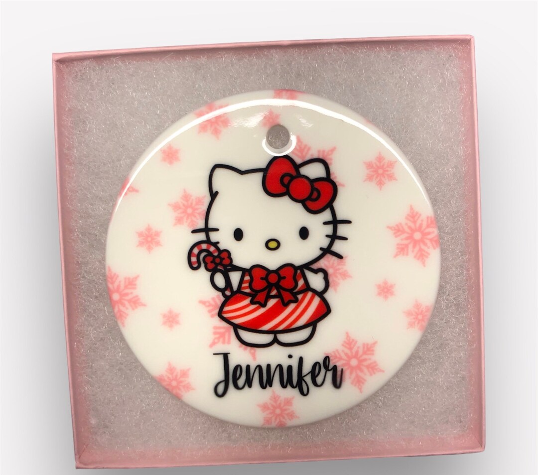 Personalized Hello Cat, Kawaii Kitty Christmas Ornament Pink Snowflake Background Double Sided ...