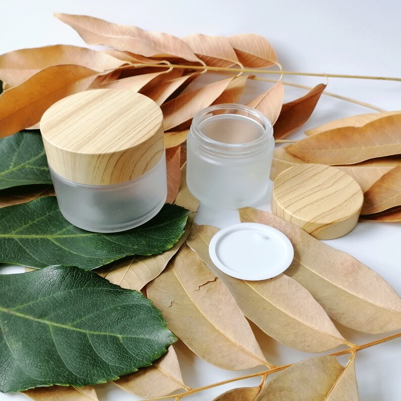 Frosted Glass Cosmetic Container Wood Grain Lid Cosmetic Jar, Cream ...
