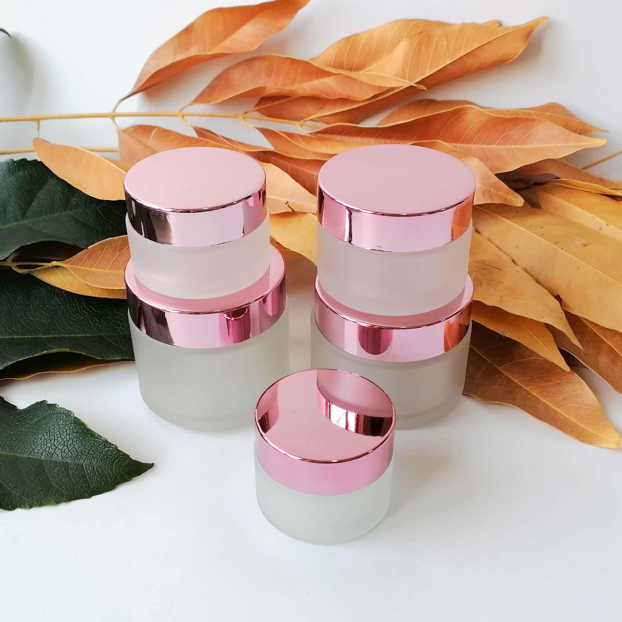 560g Frosted Glass Cosmetic Containers With Rose Gold Lids, Round ...