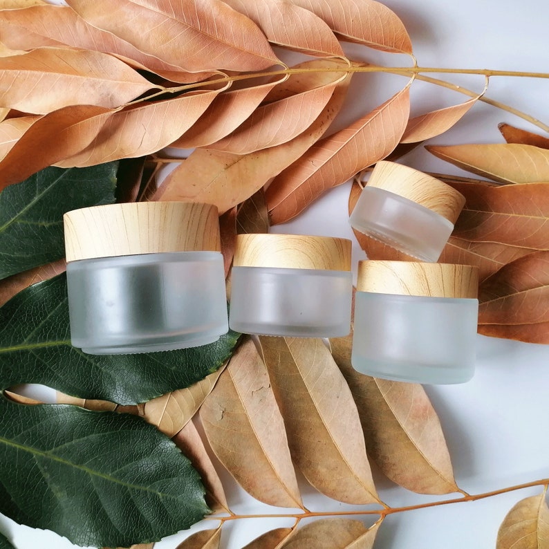 Frosted Glass Cosmetic Container Wood Grain Lid Cosmetic Jar, Cream ...