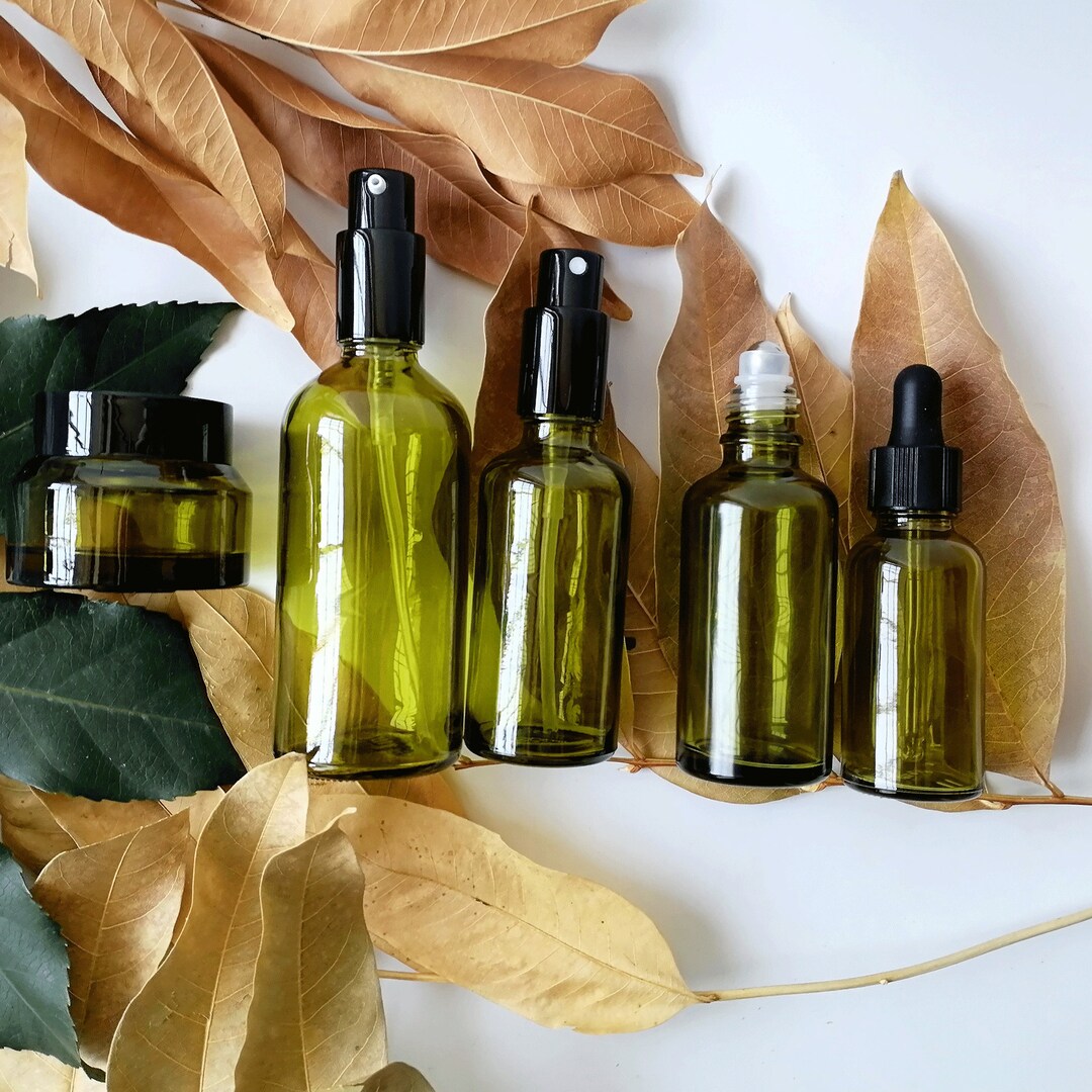 Glass Cosmetic Packaging Set, Olive Green Glass Bottle, Beauty ...