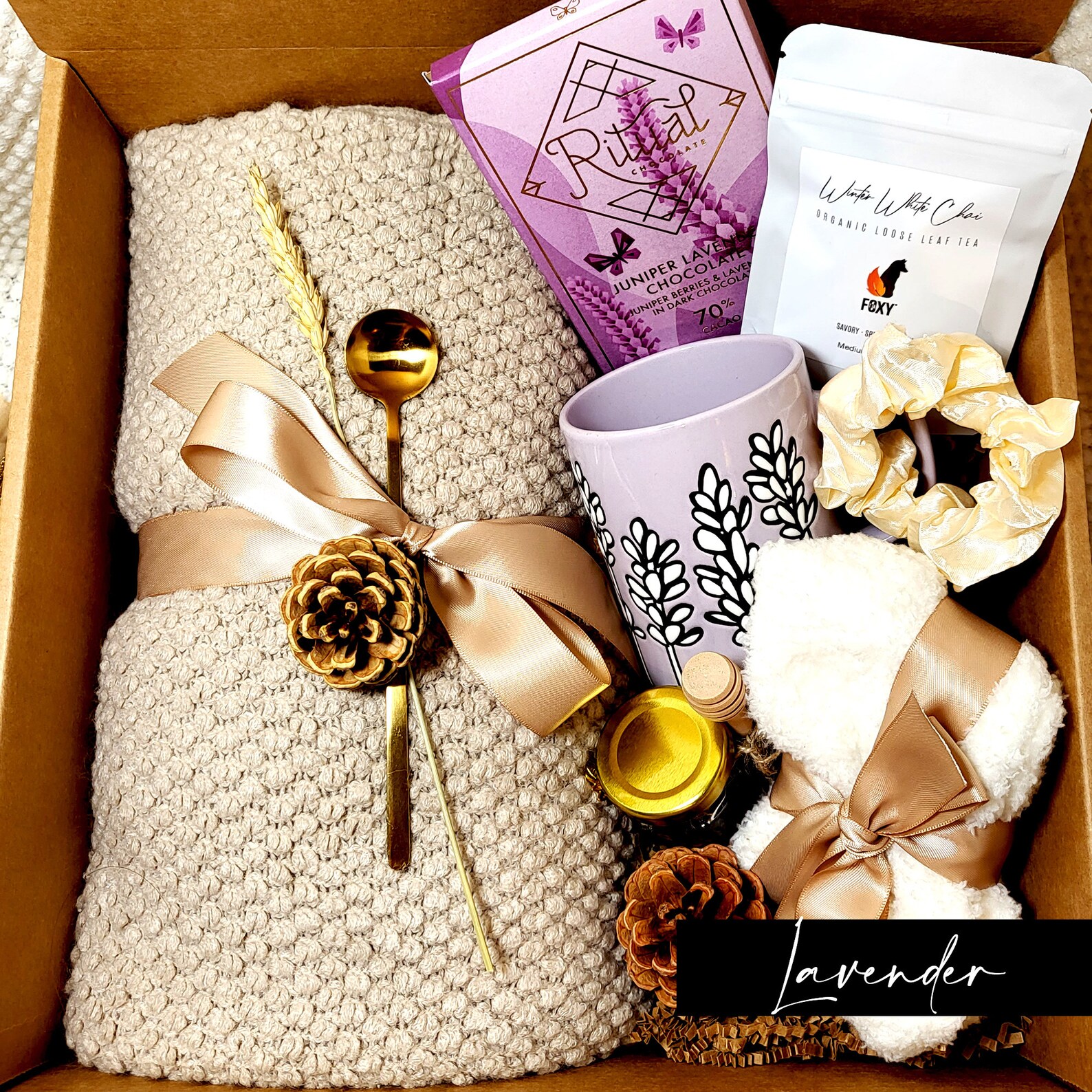 Gift Box With Mug, Tea, Tea Infuser, Golden Spoon, Warm Blanket, Socks ...