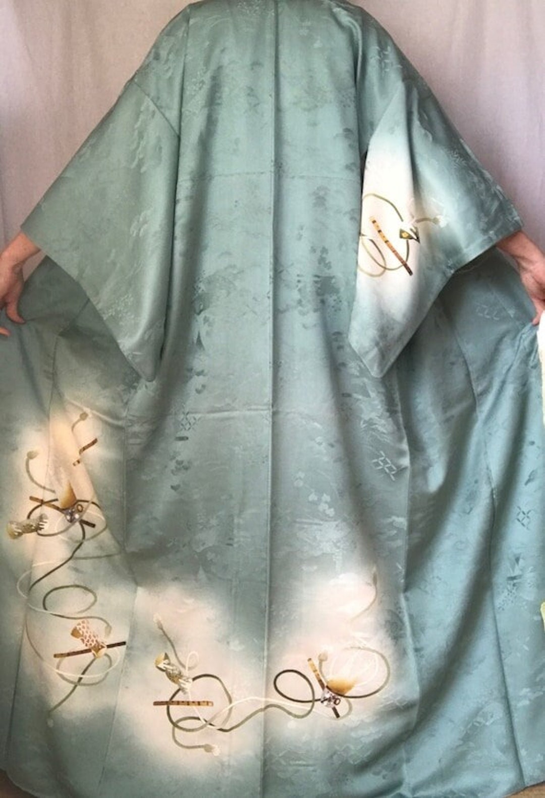 Teal Blue Kimono Japanese Silky Tomesode Robe Womens Long Vintage Dress ...
