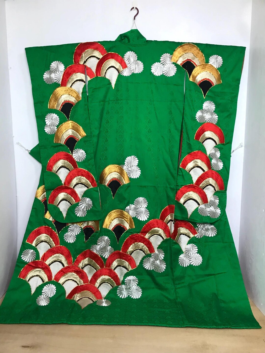 Emerald Green Furisode Kimono | Embroidered Silk | Vintage Japanese ...