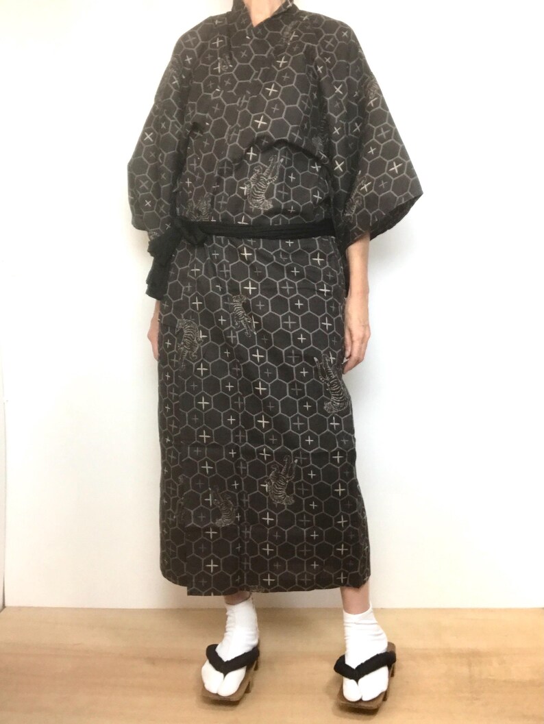 Men's Yukata Kimono | Vintage Japanese | Charcoal Gray Tiger | Cotton ...