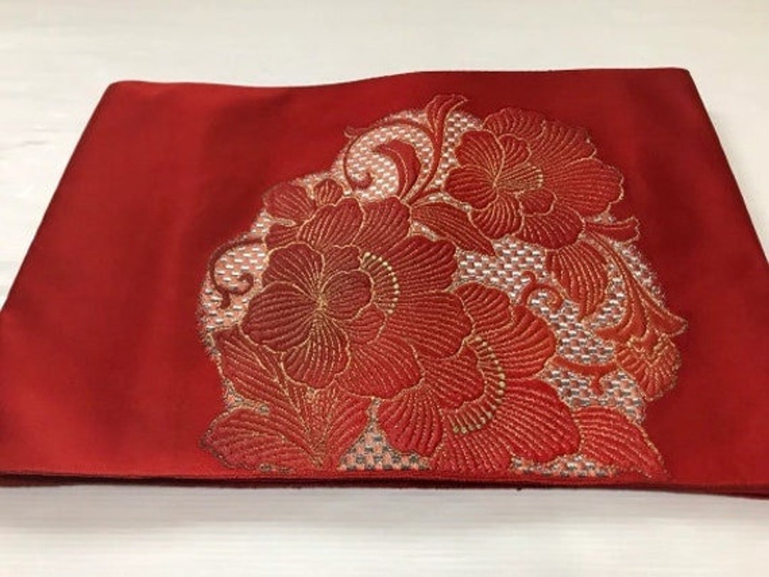 Tomato Red Obi Belt Floral Womans Kimono Robe Wedding Sash Nagoya ...