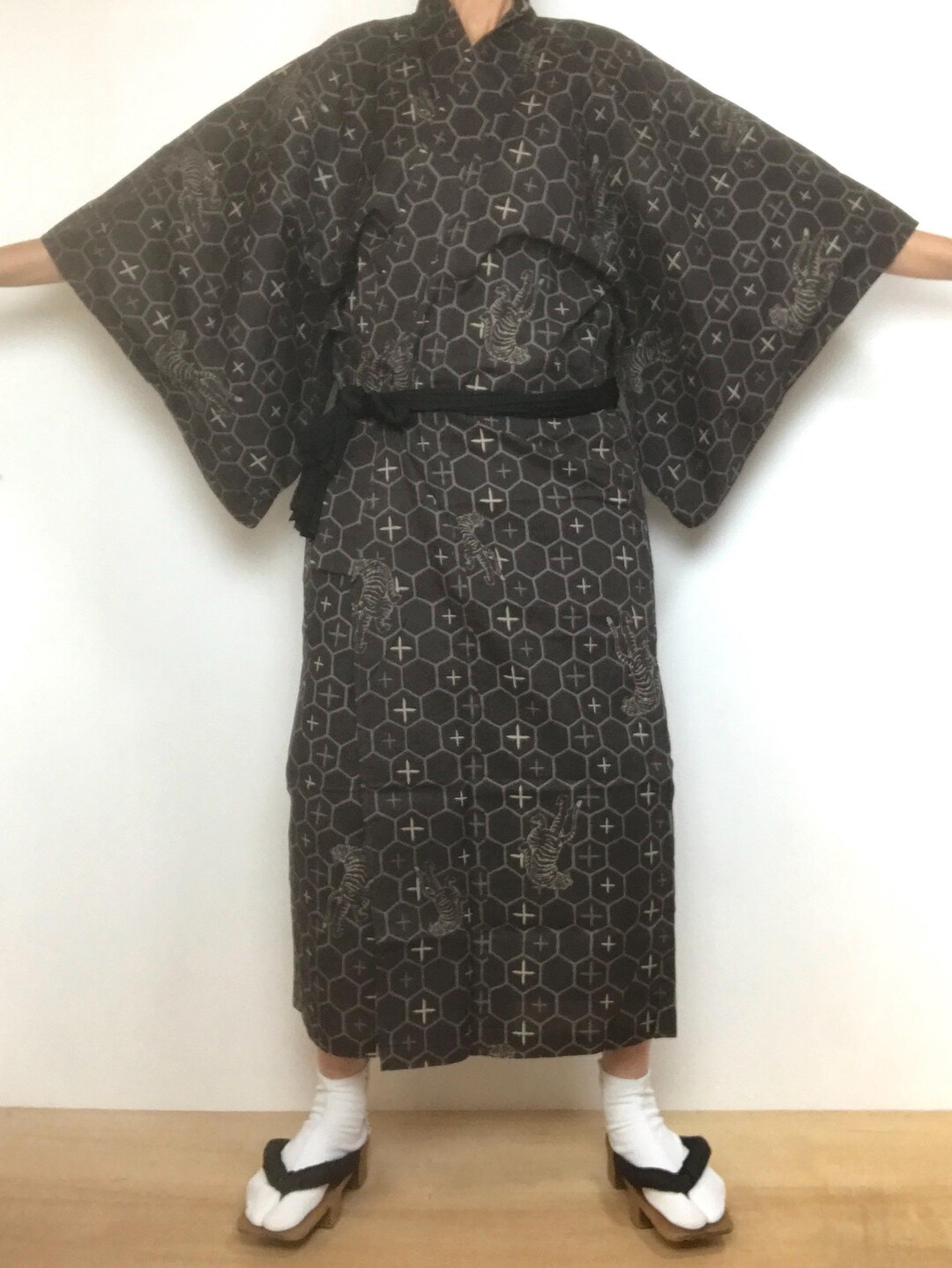 Men's Yukata Kimono | Vintage Japanese | Charcoal Gray Tiger | Cotton ...