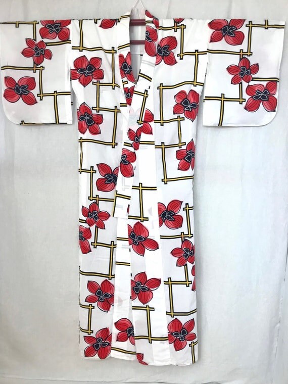 White Yukata Kimono Robe Woman's Japanese Floral Dress Long Cotton ...