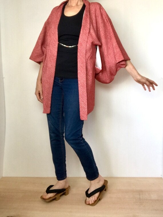 Silk Haori Kimono Jacket Red Shibori Excellent Vintage Womans Japanese ...