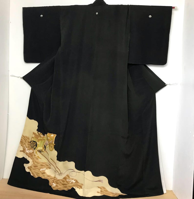 Embroidered Black Kimono: Japanese Silk Tomesode Robe, Vintage, Size M ...