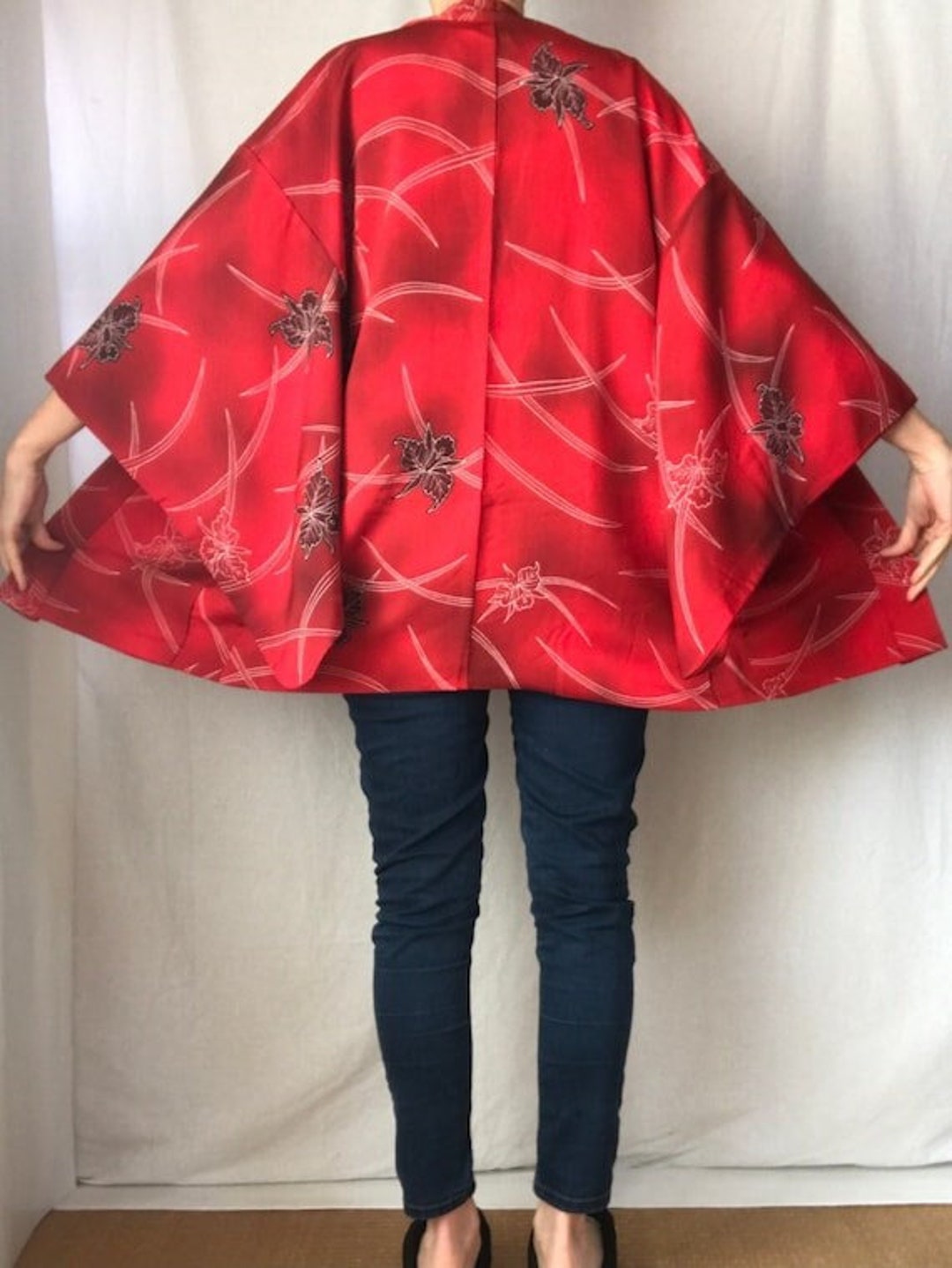 Haori Kimono Jacket Womens Red Vintage Japanese Robe Iris Floral ...