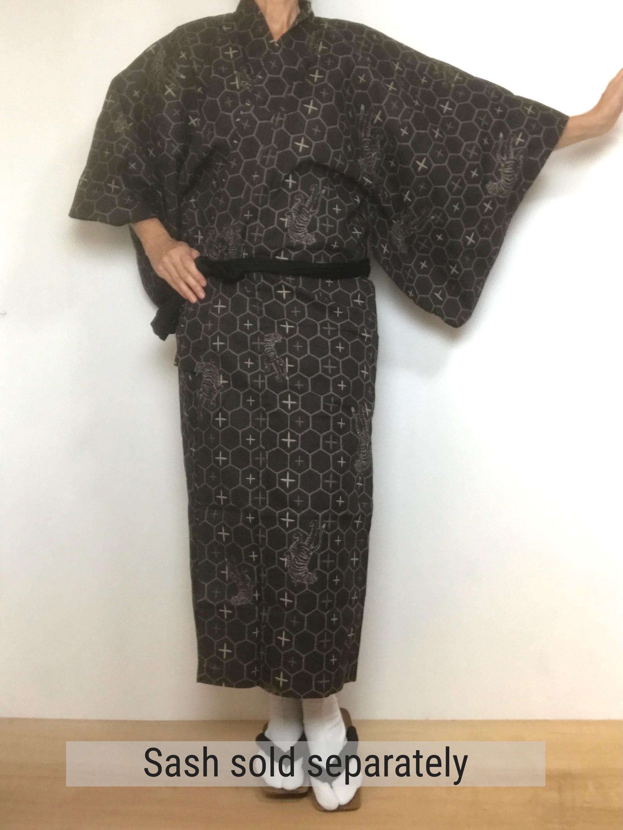 Men's Yukata Kimono | Vintage Japanese | Charcoal Gray Tiger | Cotton ...