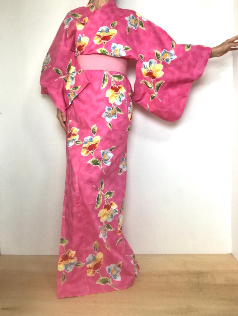 Yukata Kimono Dress Japanese Pink Floral Cotton Summer Long Vintage ...