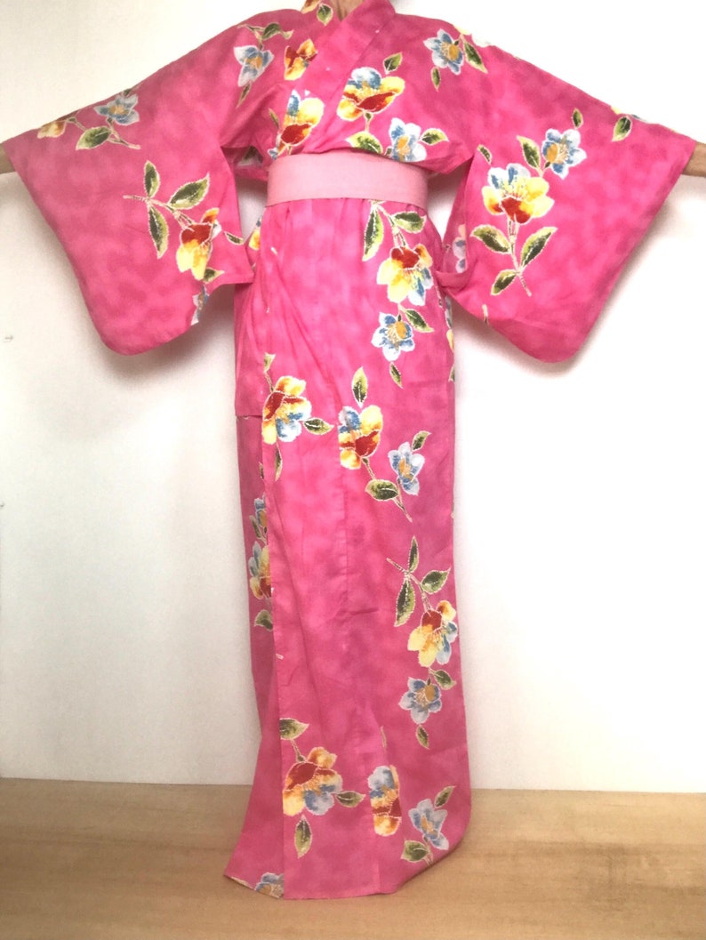 Yukata Kimono Dress Japanese Pink Floral Cotton Summer Long Vintage ...