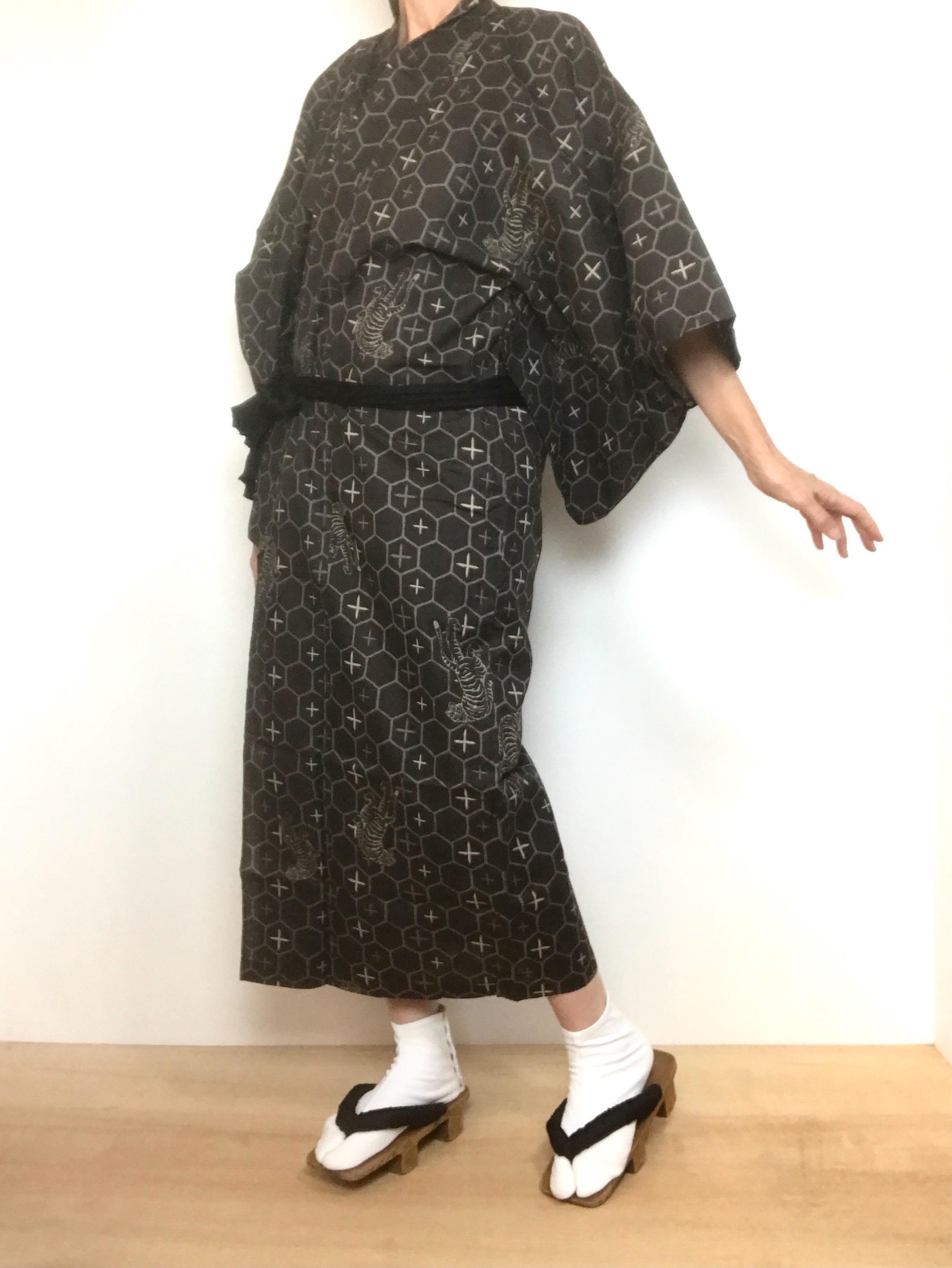 Men's Yukata Kimono | Vintage Japanese | Charcoal Gray Tiger | Cotton ...