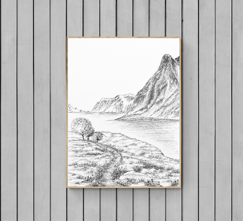 Lofoten Landscape Pen Drawing Printable Wall Art, Downloadable Prints ...